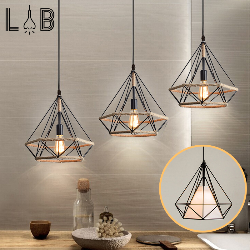 Chandelier American Hemp Rope Iron Diamond Pendant Light Country Cafe ...