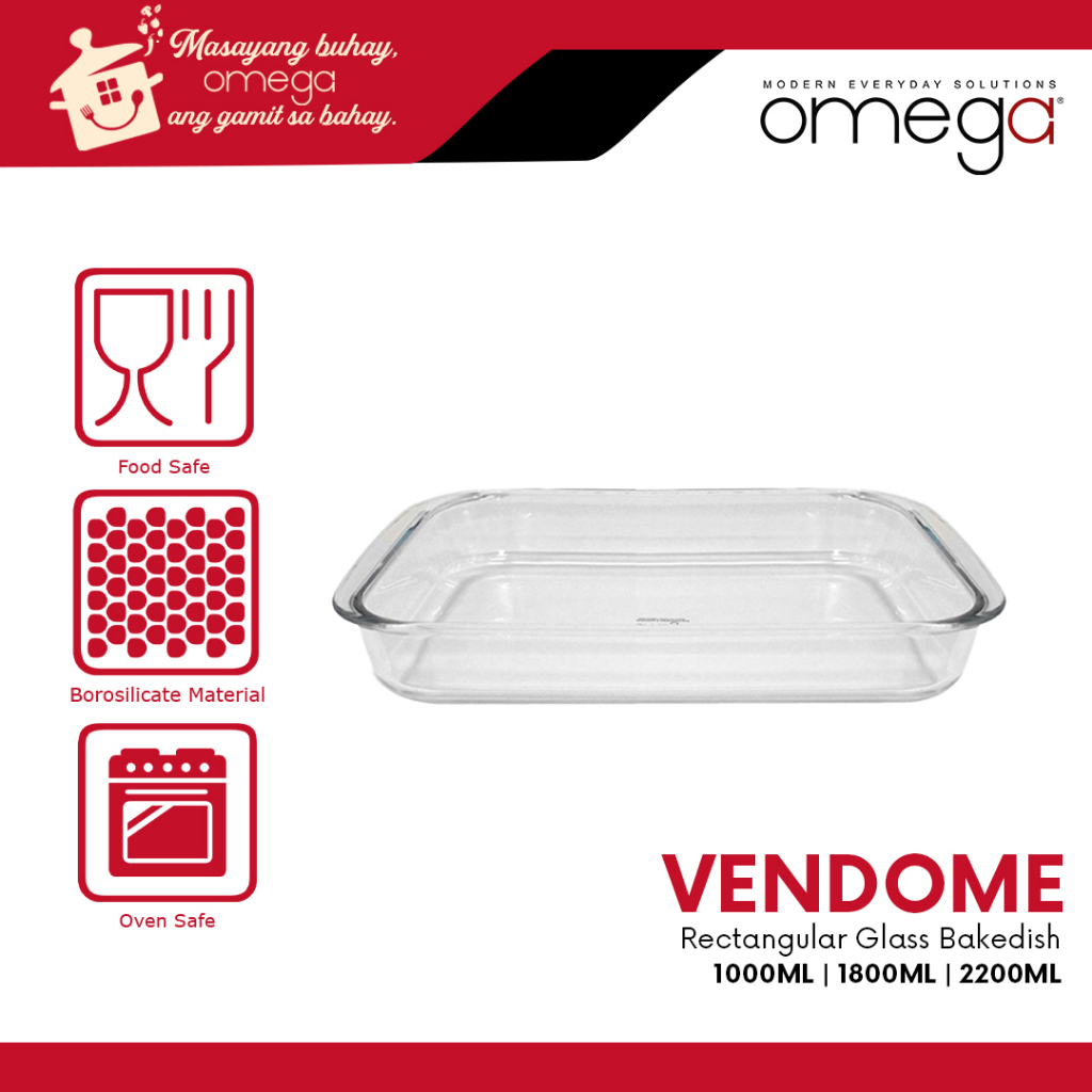 Omega Houseware Vendome Rectangular Glass Bakedish 1000ml/1800ml/2200ml ...