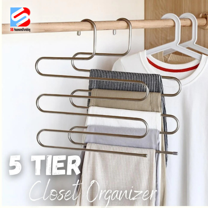 5 Layer Metal Hanger Rack Stand Storage Organizer Stainless Steel Pants ...