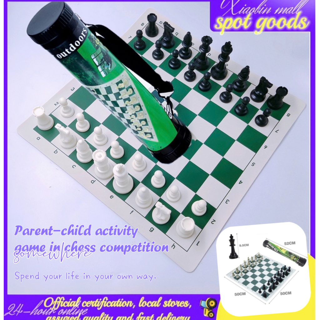Chess set for easy carrying with 20 inch rolled up synthetic leather ...