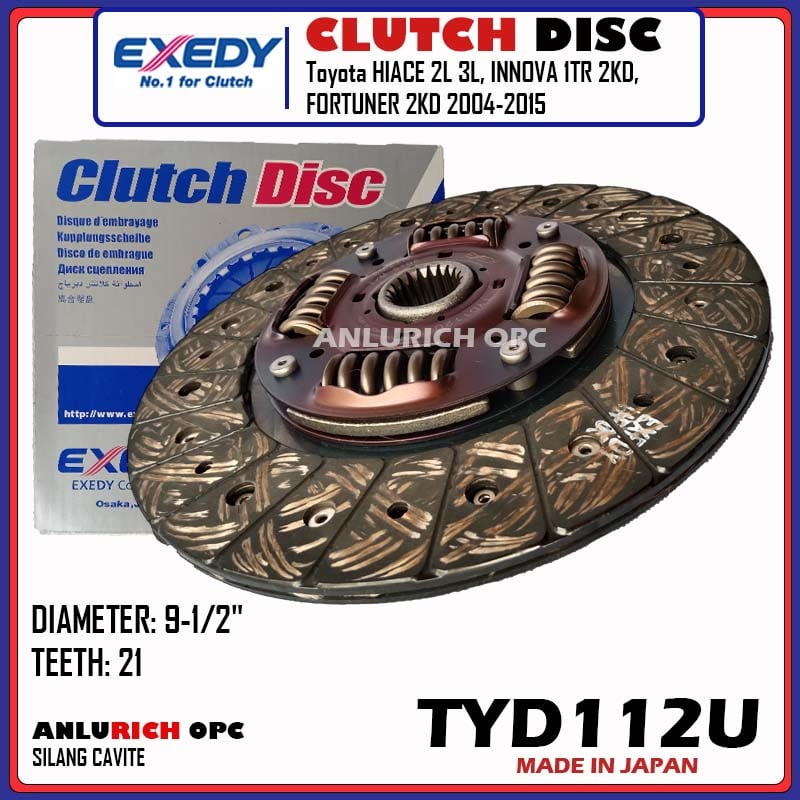 EXEDY CLUTCH DISC (9-1/2" X 21T) Toyota HIACE 2L 3L INNOVA 1TR 2KD FORTUNER 2KD '04-'15 PN ...