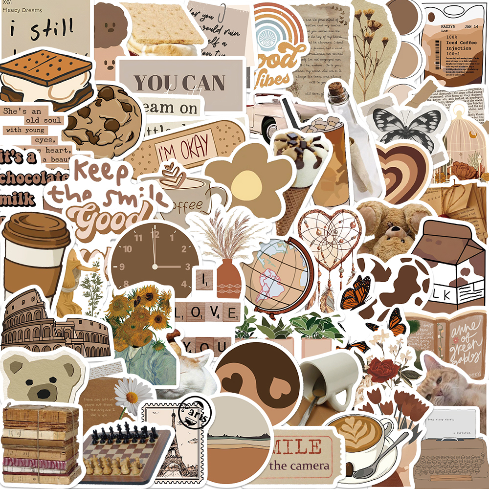 Brown Aesthetics Stickers 60pcs Set Waterproof Diy Luggage Notebook 