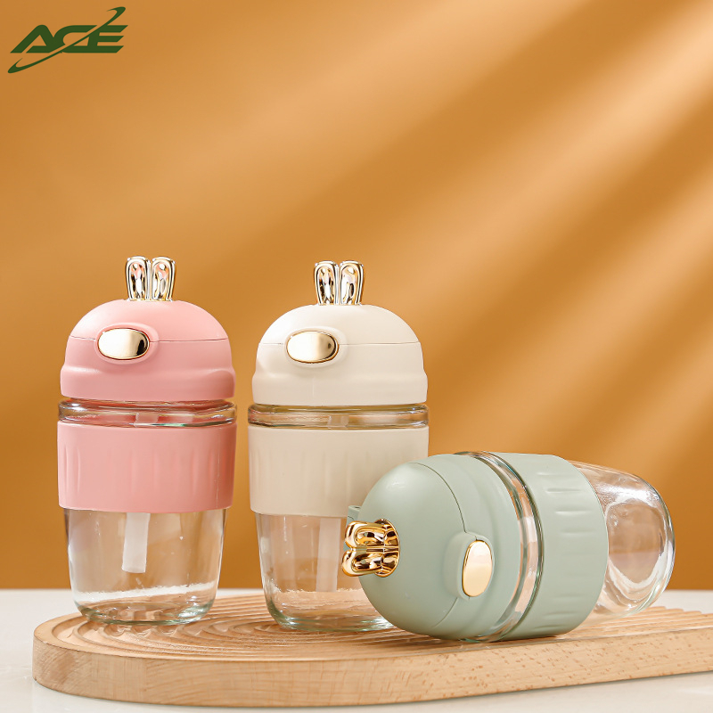 Cute Rabbit Glass Bottle Tumbler Water Cup With Straw And Silicone ...