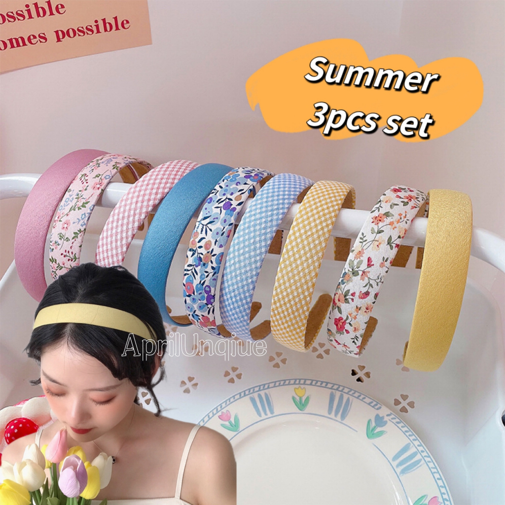 Korean Style Headband Set (3 Pcs) – Solid Color, Floral & Plaid Cute ...
