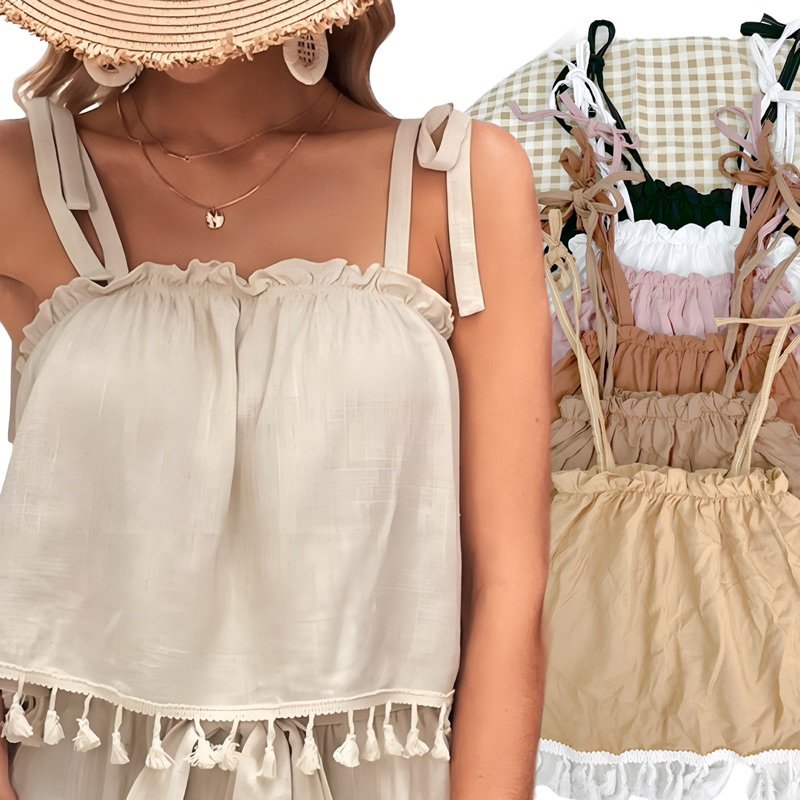 JT HazeShop Bora Self Tie Shoulder Tassel Hem Flowy Ruffles Cropped ...