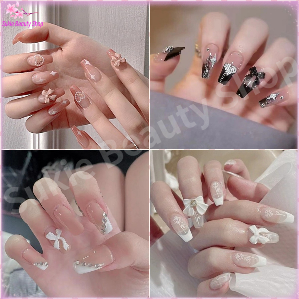 24 Pcs Long Fake Nails Set With Glue French Nail Diy Design Decorative