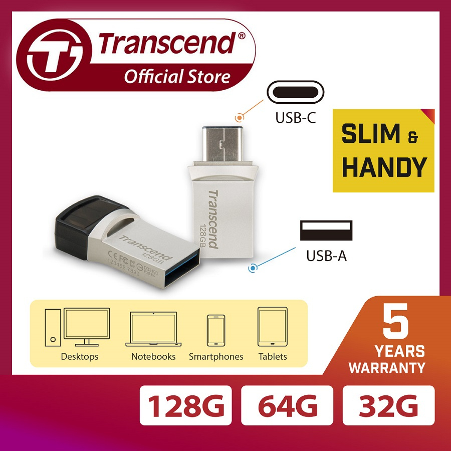 Transcend 64GB/32GB/128GB, USB3.1, Pen Drive, OTG, Type A&C, Silver ...