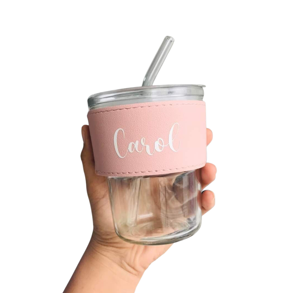 Personalized Glass Mug with Straw & Leather Grip (LASER ENGRAVED ...