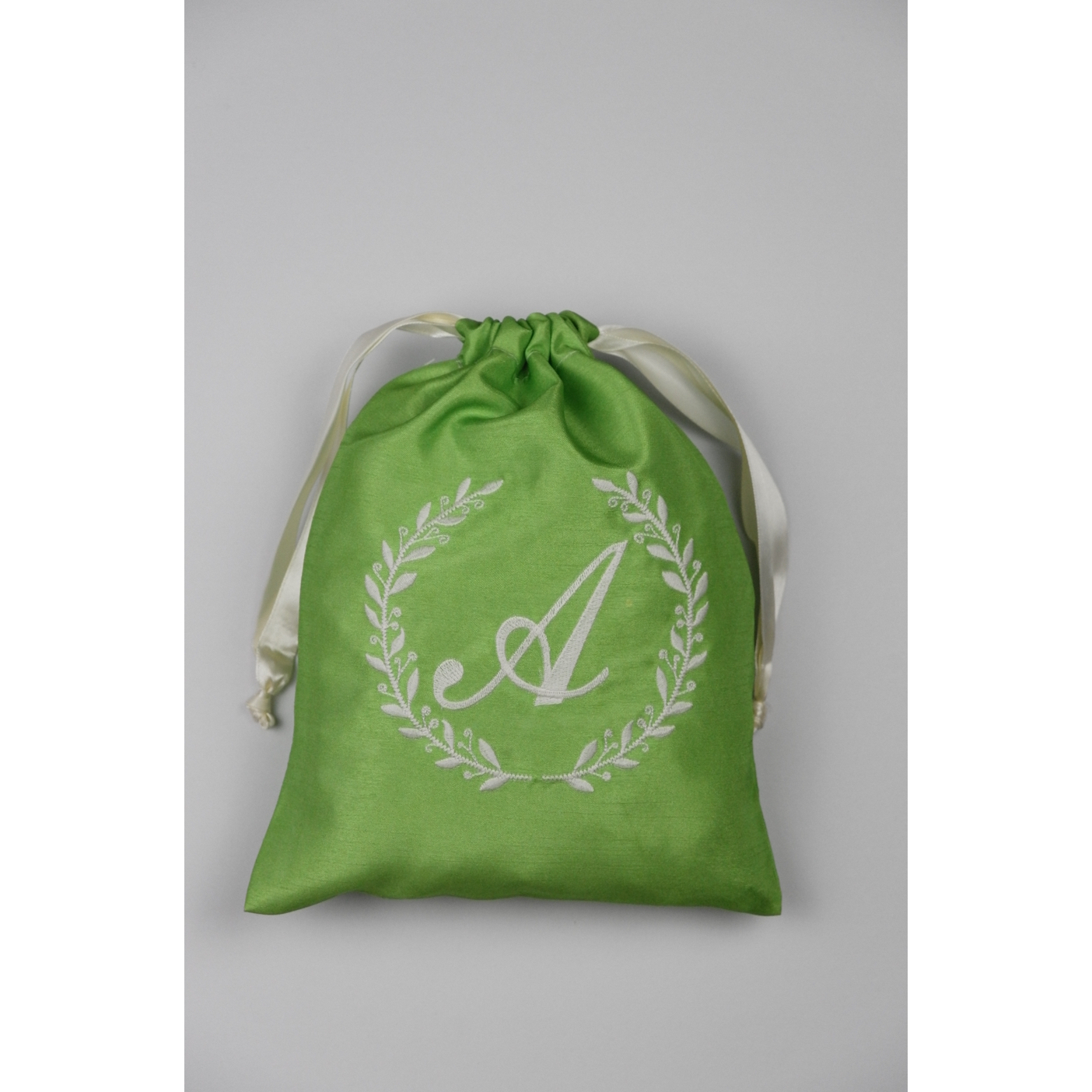 Gene + Jas Letters A-Z in White Script on Green Shantung Medium ...