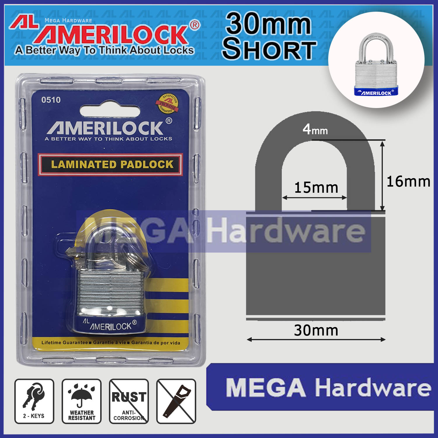 AMERILOCK or HERKS Padlock for gate - Laminated 30mm 40mm 50mm (Short ...