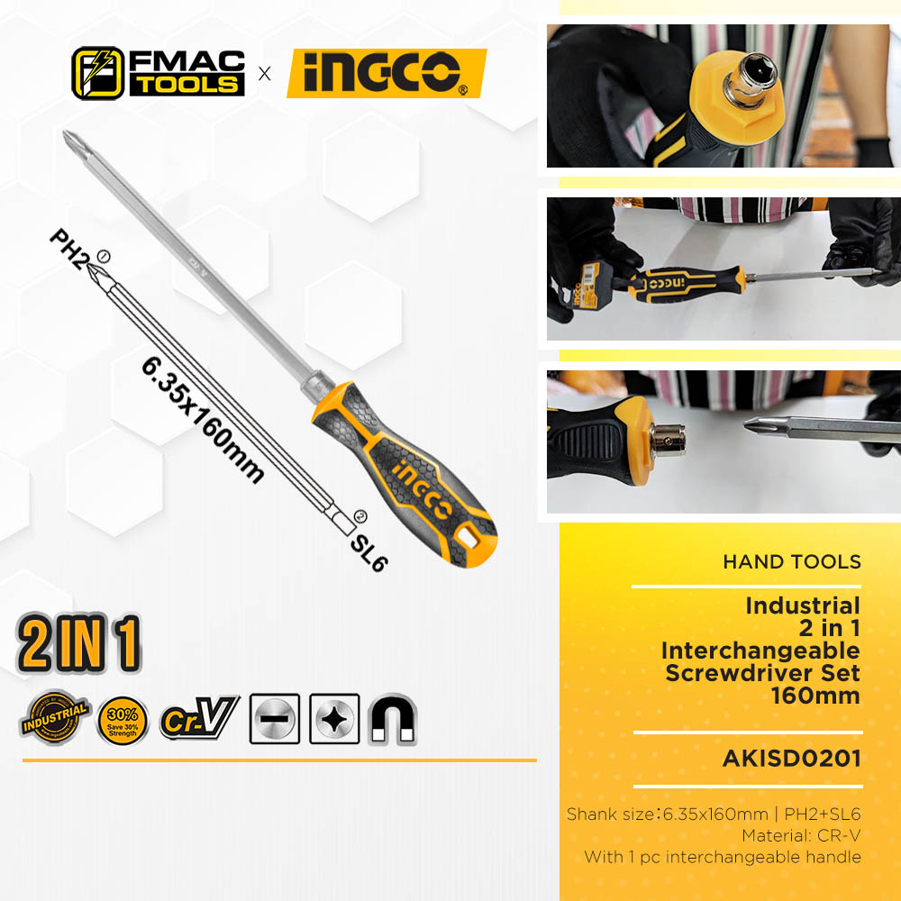 INGCO Industrial 2 in 1 Interchangeable Screwdriver Set 160mm AKISD0201 ...