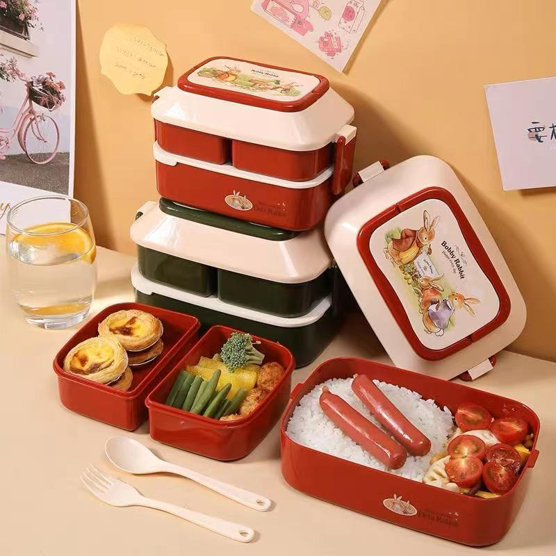 Lunch Box With Spoon and Fork With Compartments 2 Layer Portable ...