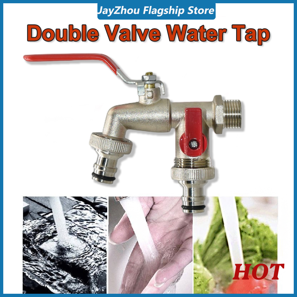 90 Degree Double Valve Water Tap Durable Brass Faucet for Home Outdoor ...