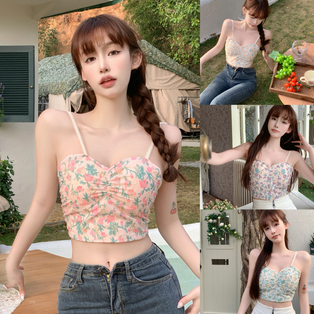Korean Floral Girly Thin Strap Camisole Top Tank Top Women Color Top