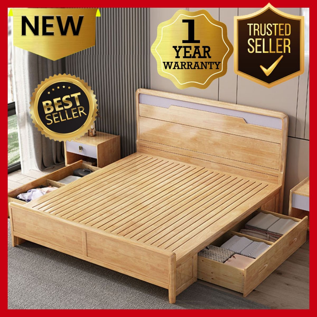 Flotti Xanthi Solid Thailand Rubberwood Bed Frame w/ Pull-Out Drawer ...