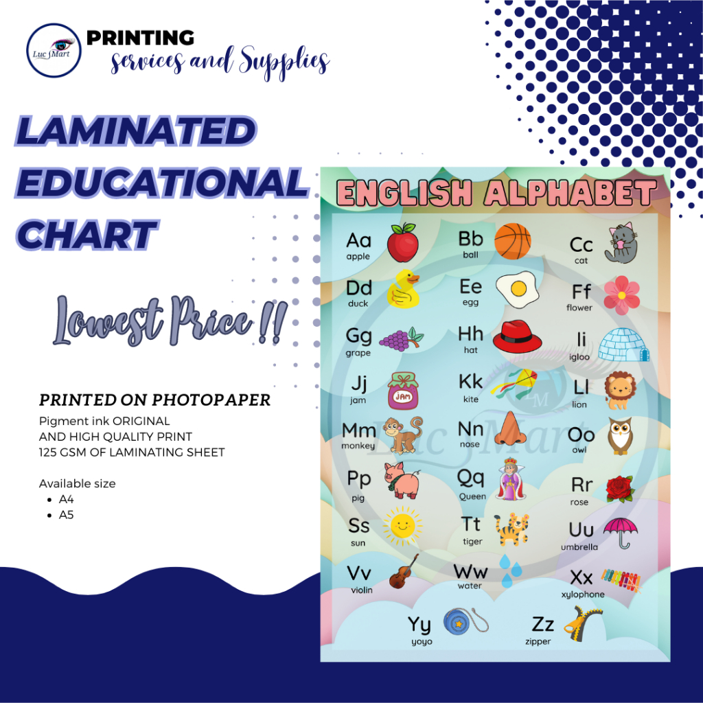 LAMINATED EDUCATIONAL CHARTS A4 SIZE or A5 SIZE / alphabet/color/shapes ...