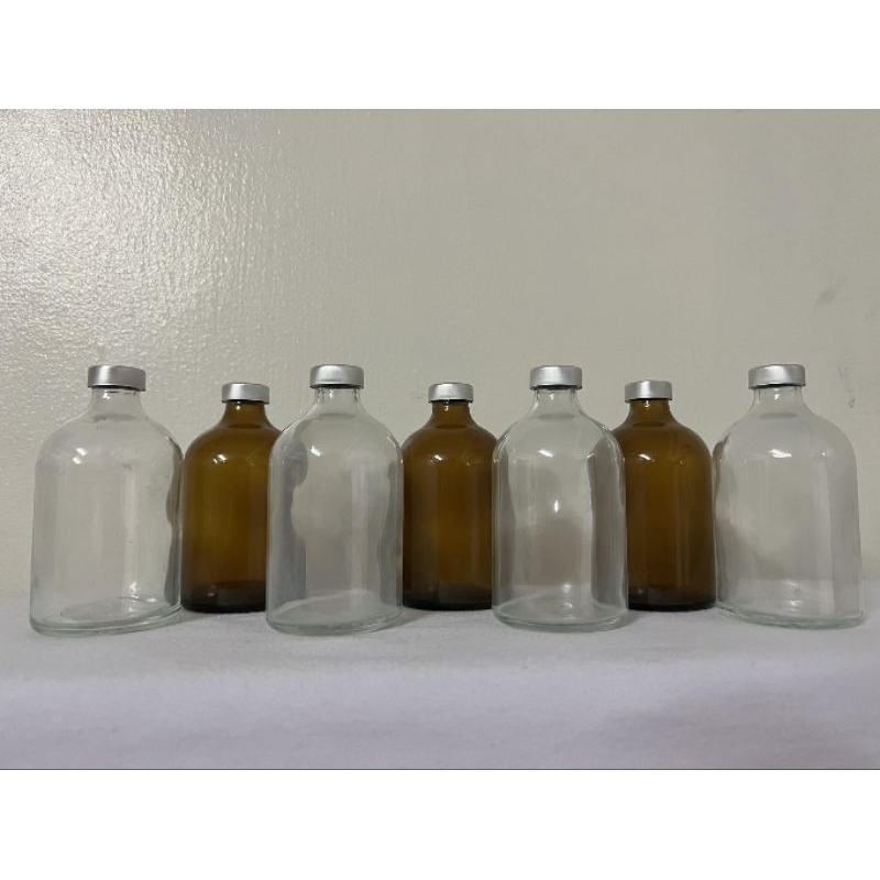 Vials Glass with rubber stopper and aluminum seal 100ml (Amber/Clear ...