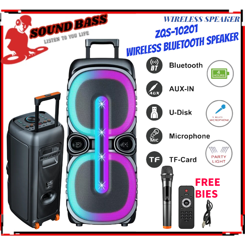 ZQS-10210 10X2 Inch Dual Portable Karaoke Party Wireless Bluetooth Trolley Speaker Outdoor Free ...
