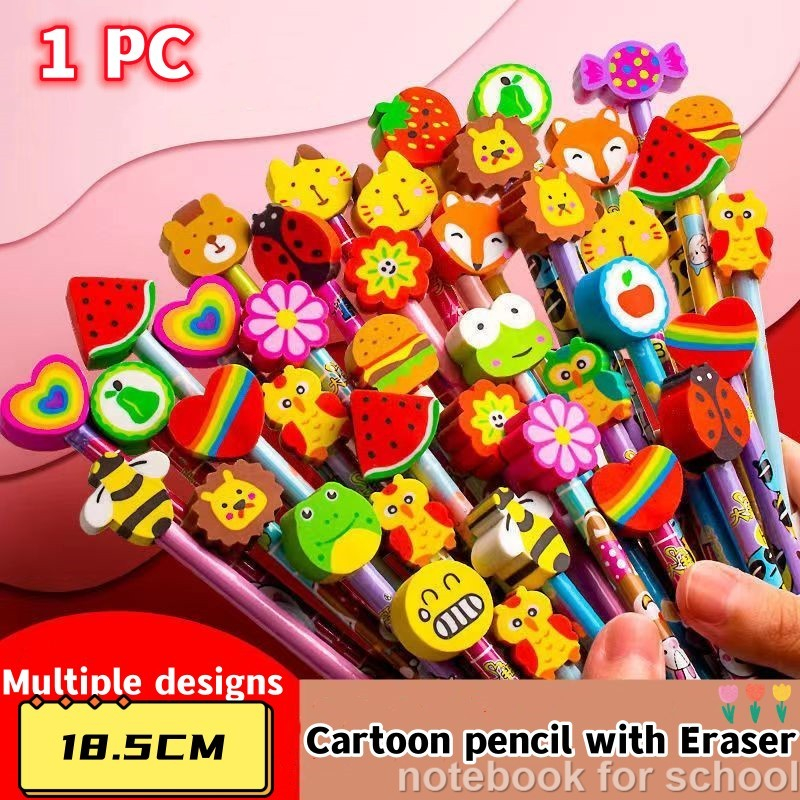 1PC Cute Pencil With Eraser Rubber Head Study Cartoon Children Gift ...