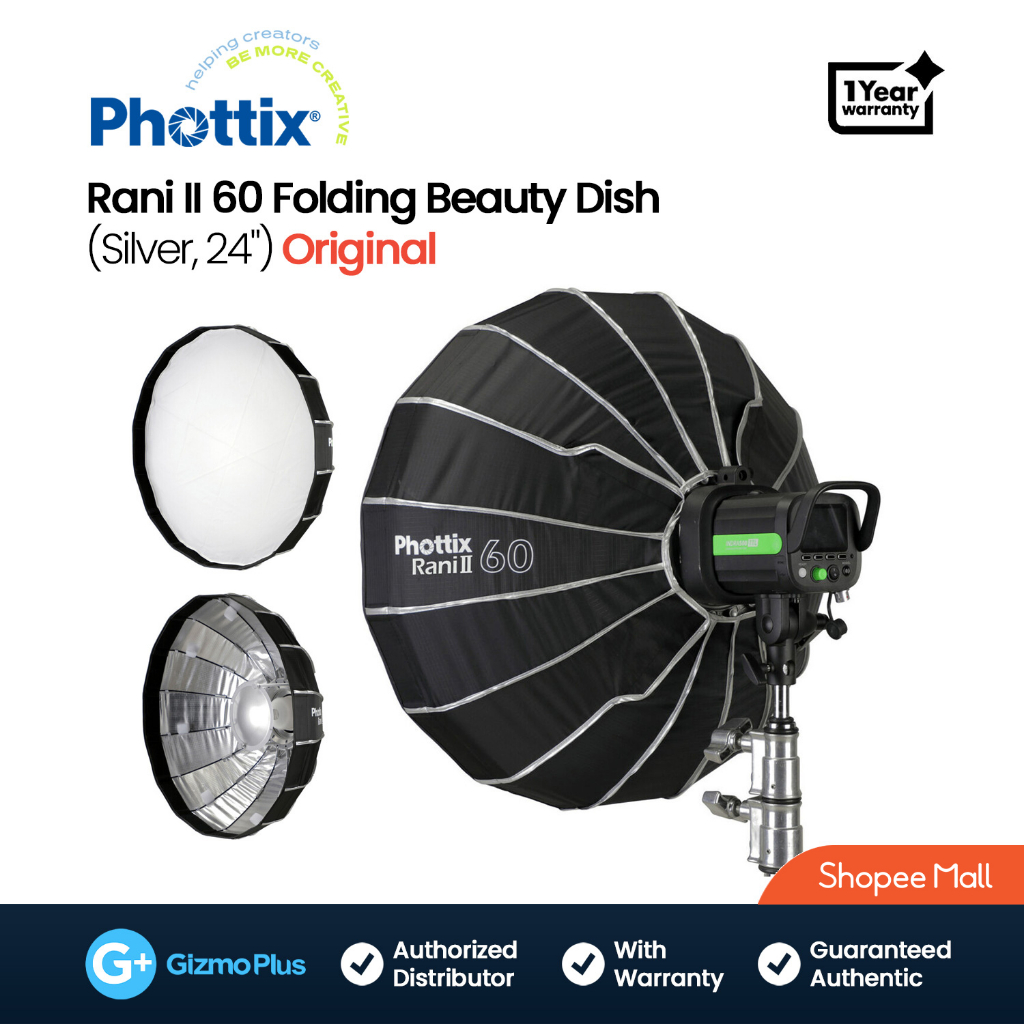 Phottix Rani II 60 Folding Beauty Dish (60cm, 24", Silver, 16 Rod ...