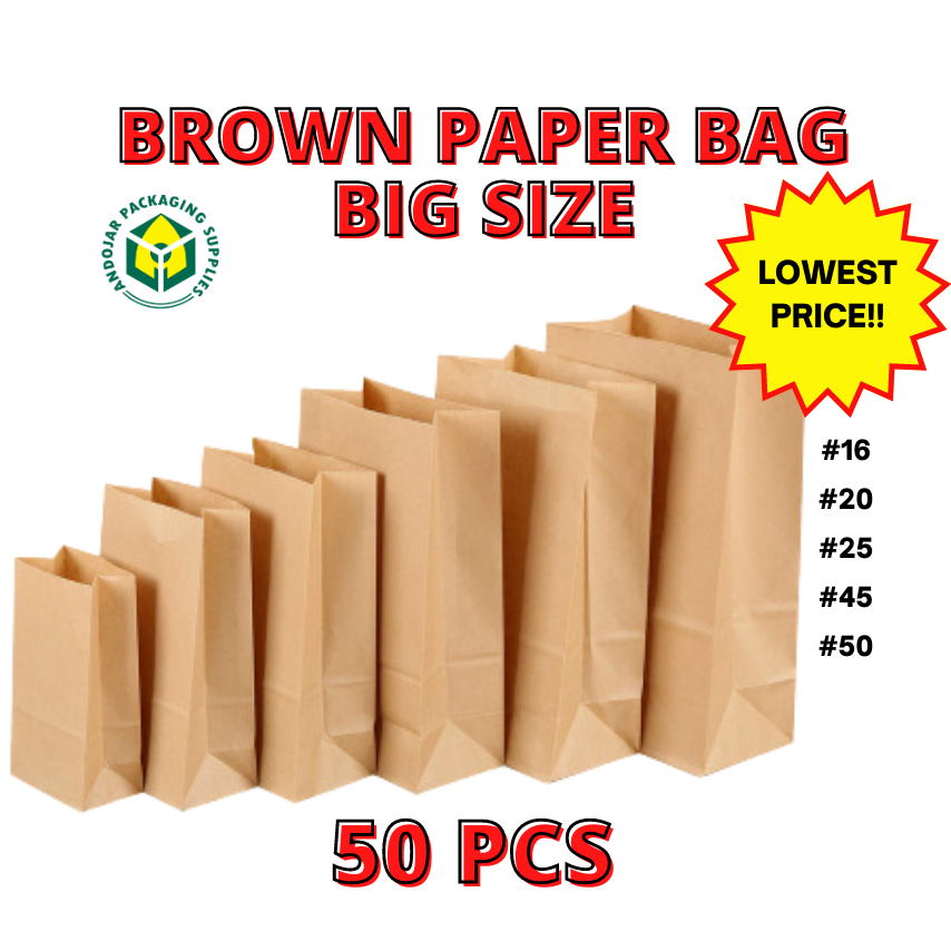 Big Sizes Brown Kraft Bag Supot 50PCS for Food, Clothes, Gift Packaging ...