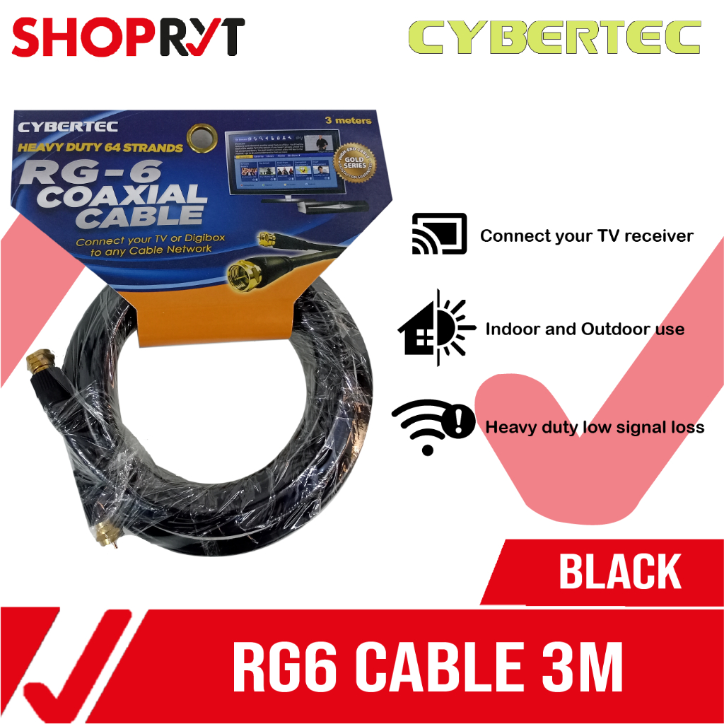 CYBERTEC HEAVY DUTY 64 STRANDS RG6 COXIAL CABLE 3M/6M/12M (BLACK/WHITE) | Shopee Philippines