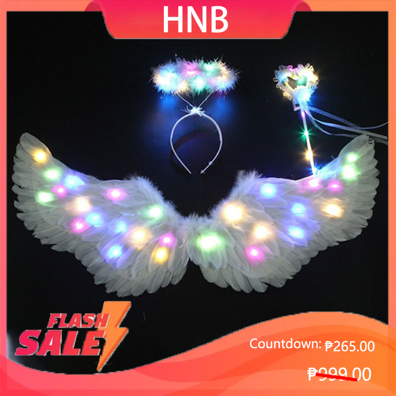 LED Light Up White Feather Wing Angel Halo Glow Party Costume Gift ...