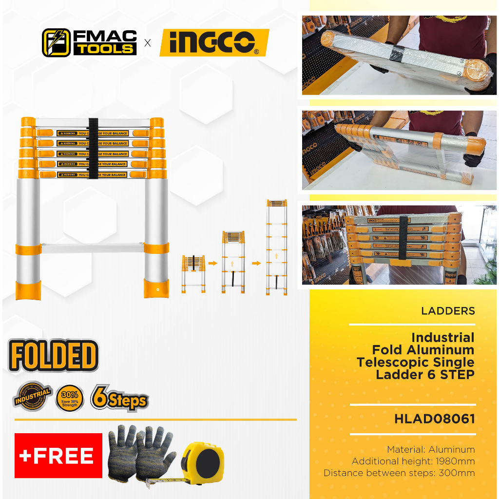 INGCO Industrial Fold Aluminum Telescopic Single Ladder 6 STEP ...