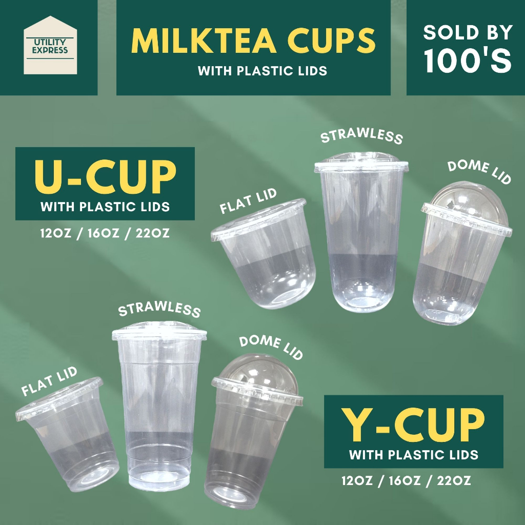 [100pcs] PP Y-CUP and U-CUP Milk Tea Cup 12oz/16oz/22oz (Flat Lid / Strawless Lid / Dome Lid ...