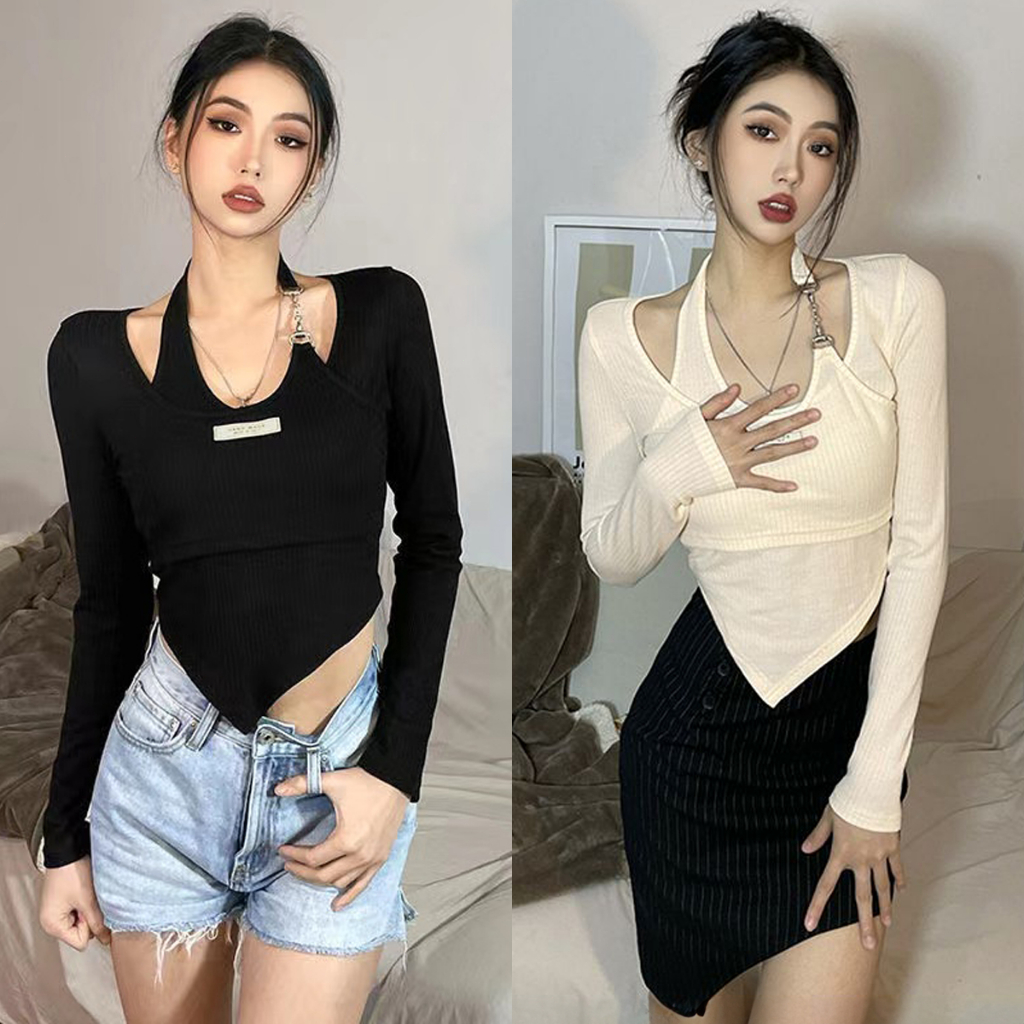 Zmkovms Women's Sexy Slim T-Shirt Fake Two Pieces Solid Color Long ...