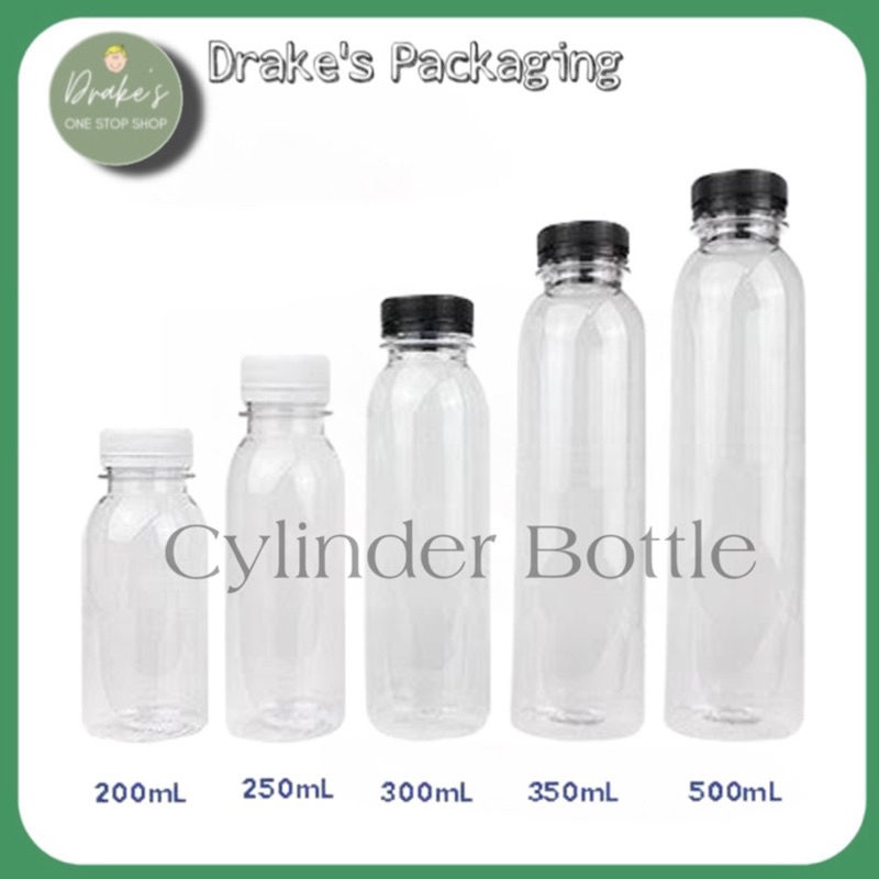 Cylinder Plastic Bottle with Black Cap 200ml | 250ml | 300ml | 350ml | 500ml available sizes ...