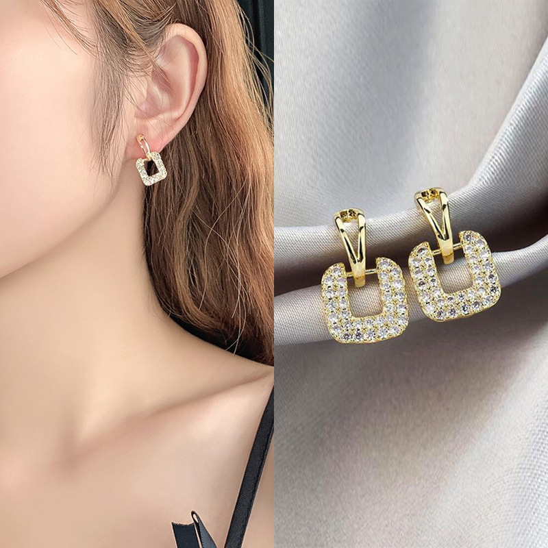 S925 Silver Needle Simple Geometric Square Full Diamond Earrings ...