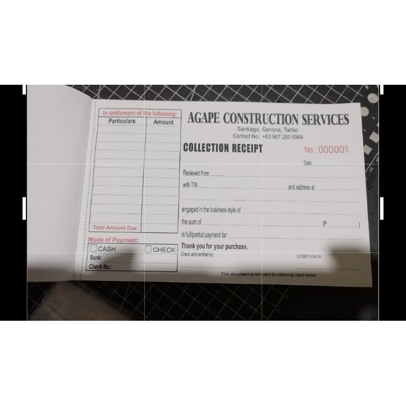 Customized Receipt (Non-BIR Non-carbonized) Letter size 8.5x11" (2 ...