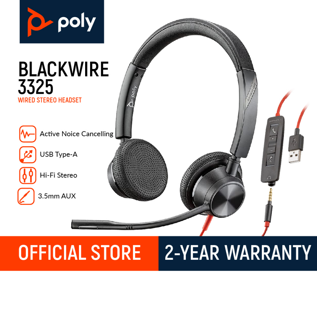Poly Blackwire 3325 Stereo USB-C Headset +3.5mm Plug +USB-C/A Adapter ...