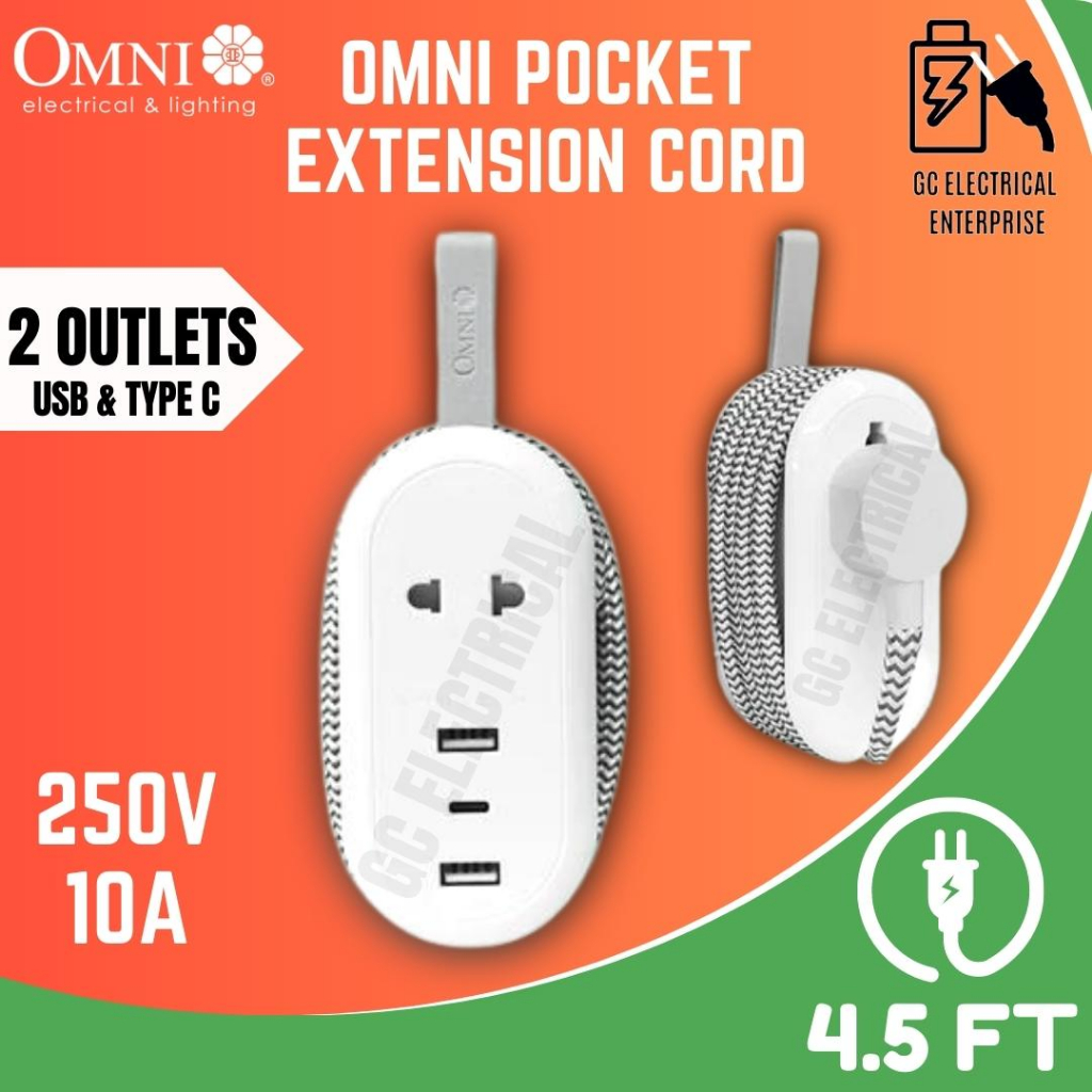 OMNI 5in1 Pocket Extension Cord USB-221 w/ USB-A, USB-C, Universal ...