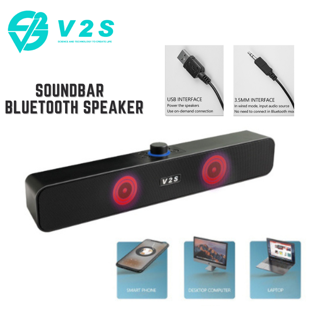 V2S VS808 Bluetooth Wireless Soundbar Stereo Wired Speaker 3.5MM Audio ...