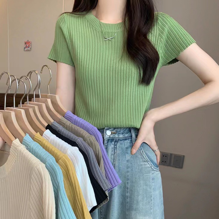 Cute Casual Ribbed Knit Round Neck Shirt Womens Top 6126 | Shopee ...