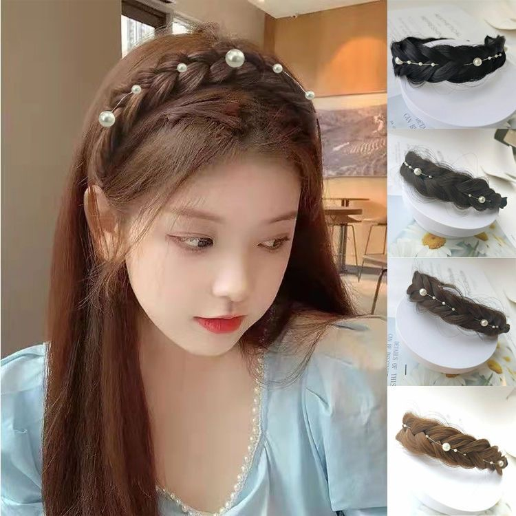 Fishbone Braid Wig Headband Korean Pearl Twist Braid Women Wigs Wide ...