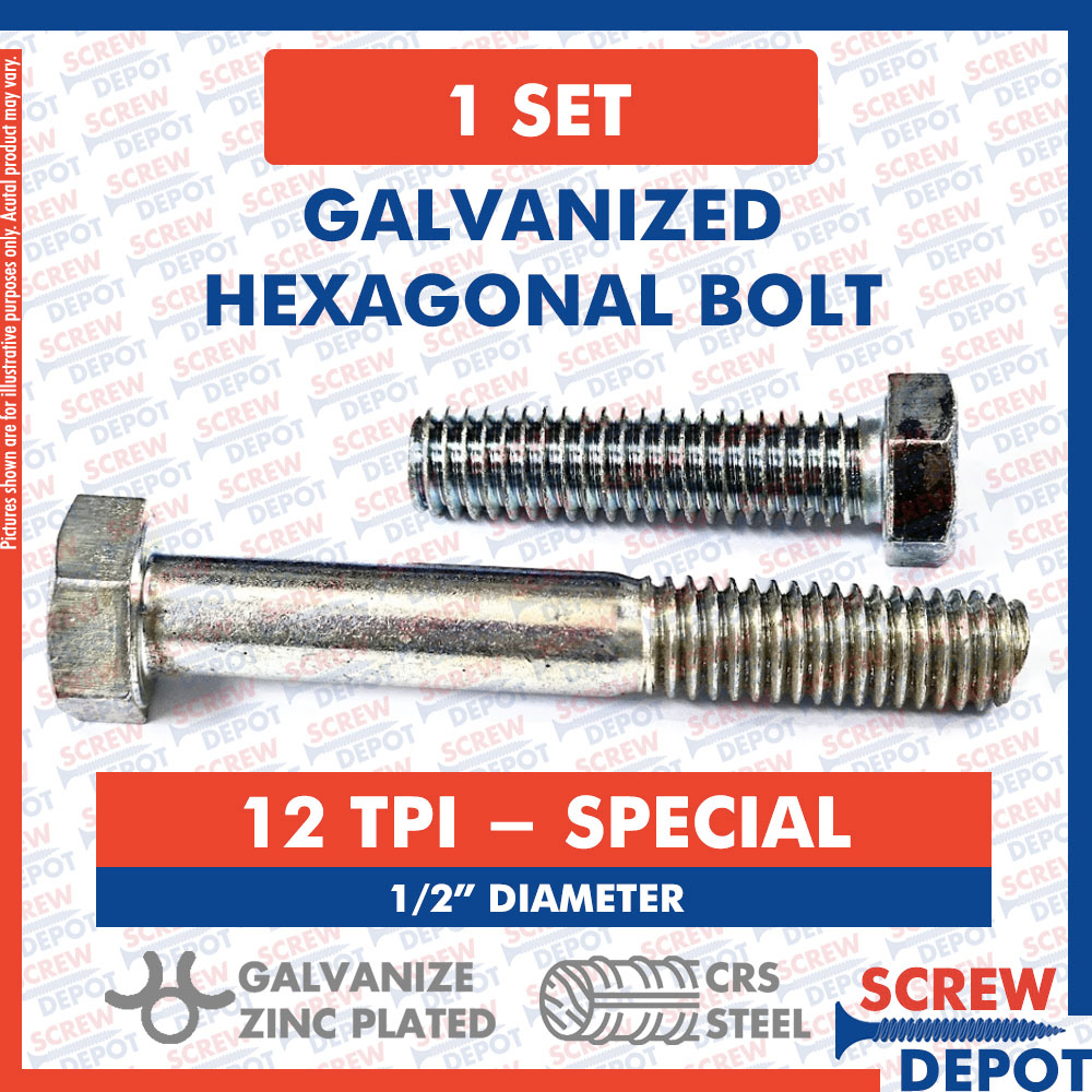 1PC 12TPI 1/2 Galvanized Hex Bolt / GI Hex Bolt 12 TPI / Hexagonal ...