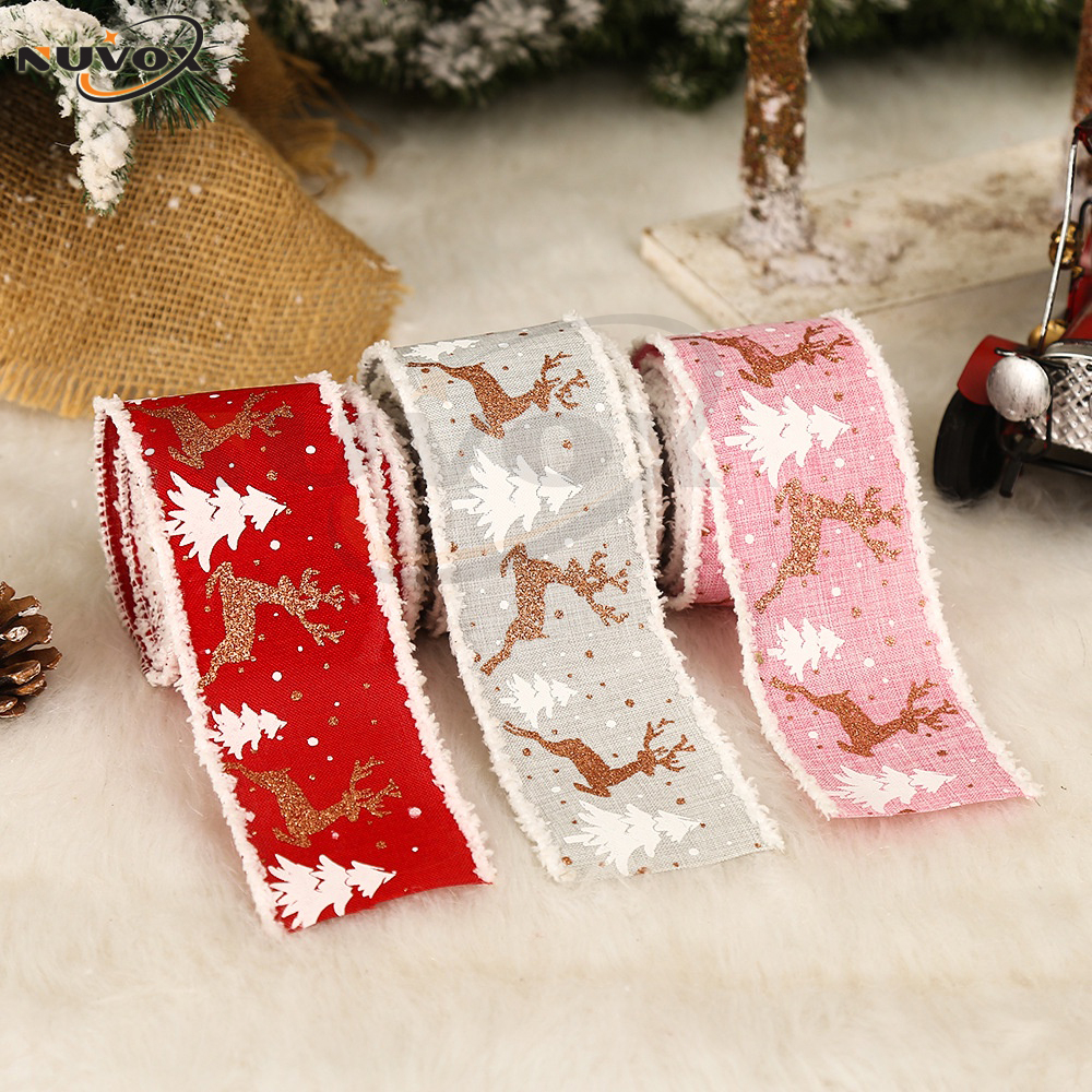 Christmas Ribbon Fabric Swirl Ribbon Elk/Car Print Gift Wrapping ...