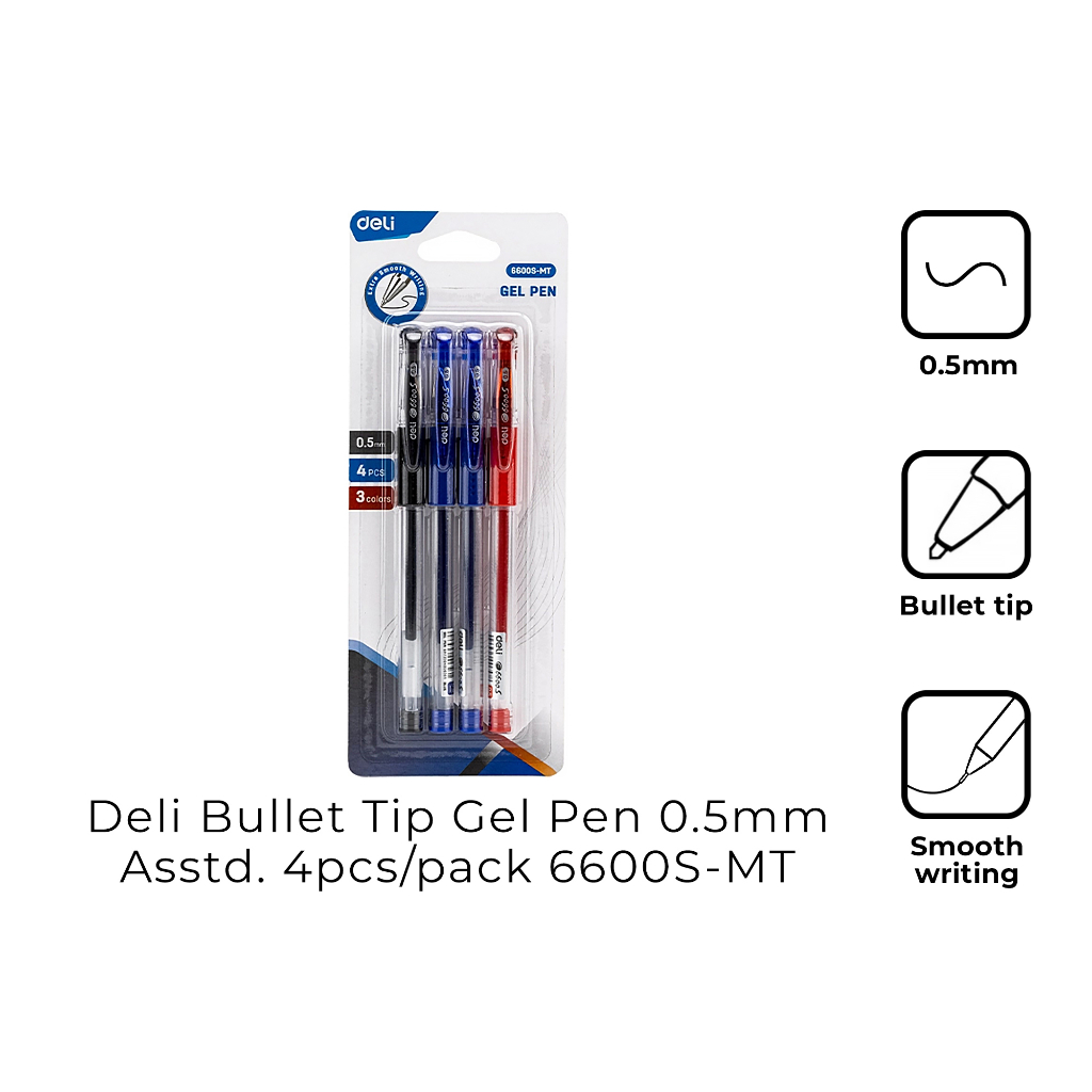 Deli 6600S-MT Bullet Tip Gel Pen 0.5mm Asstd. 4pcs/pack | Shopee ...