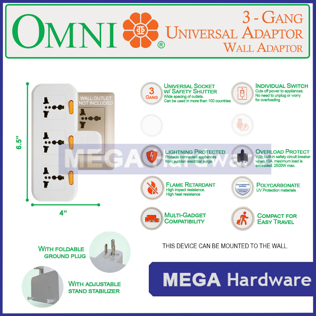Omni 3-Gang 4-Gang (Wall Plug Universal Adaptor) or (Extension 4 meters ...