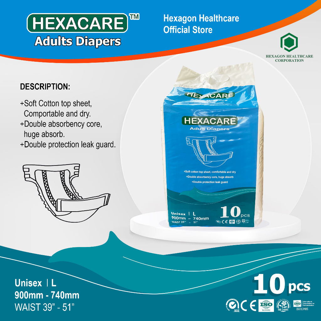 DAD02S - Adult Diaper (HEXACARE) Large size 900mm x 740mm, 10pcs per ...