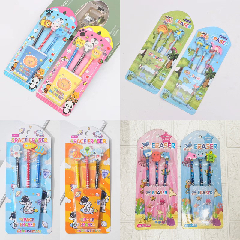 3pcs Dinosaur Animals Ocean pencil with eraser school stationery ...