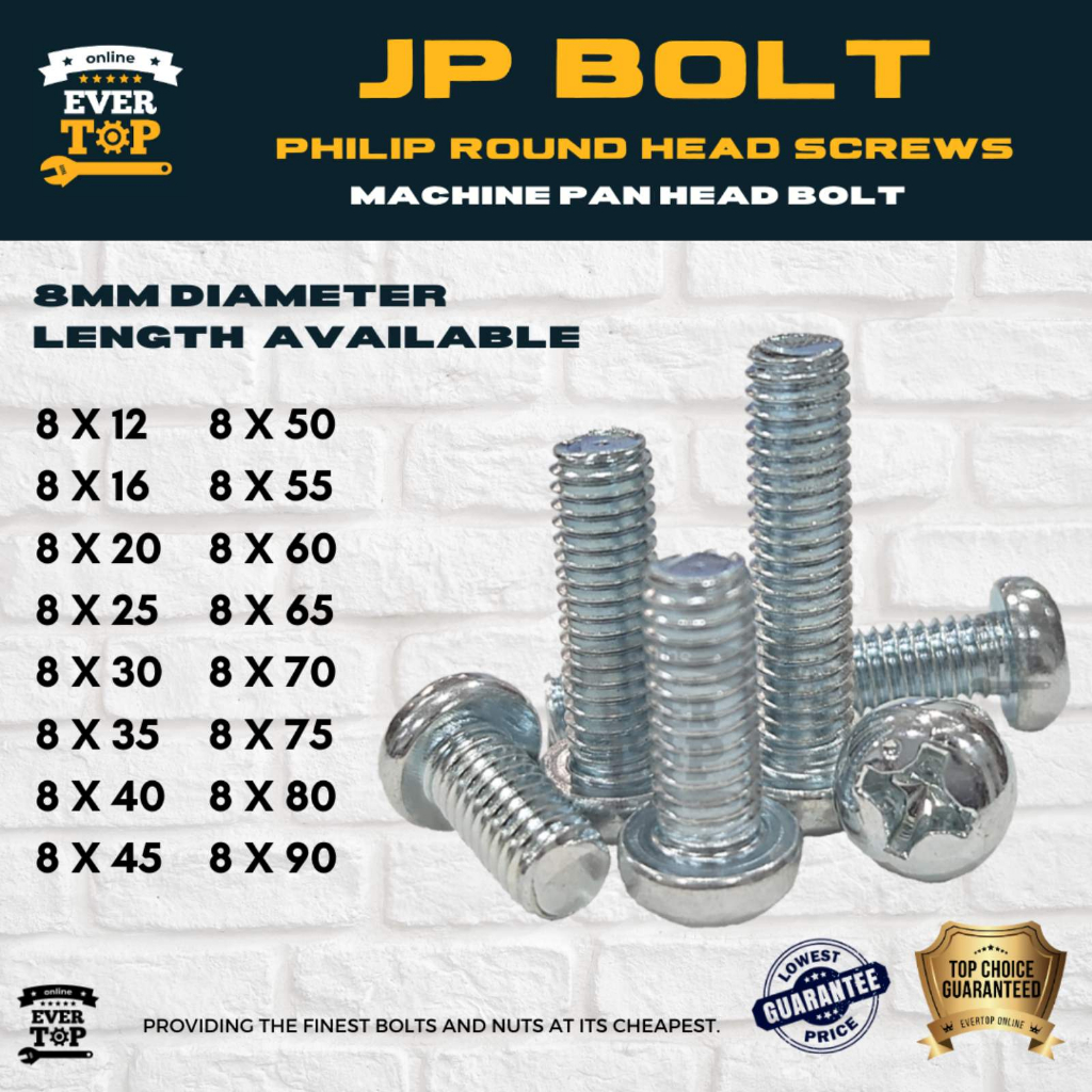 8MM (1.25P) JP BOLT | Machine Panhead JP Bolt Phillips Screw Galvanized (GI) | Shopee Philippines