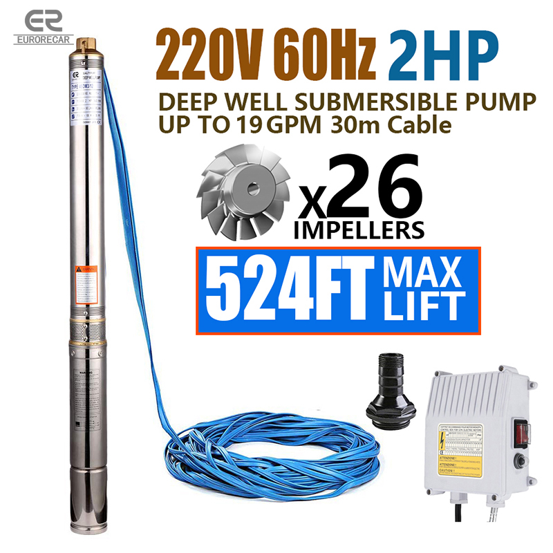 3" Submersible Pump 2HP 220V/60Hz Stainless Steel Single Phase Deep Well Bore Pump with Control ...