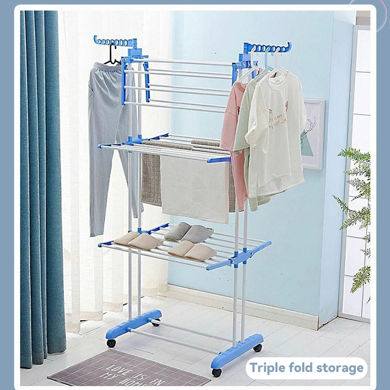 Bedroom With Rollers Clothes Hanger Double Pole Stainless Floor Drying ...