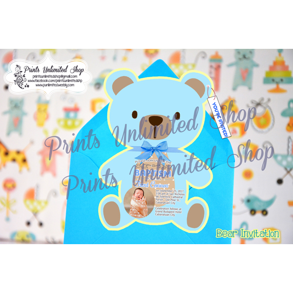 COD Bear Cutout Boy Theme Christening Birthday Invitation Dedication ...