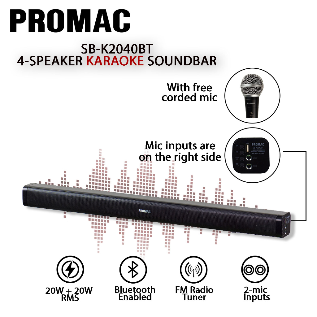 Promac Karaoke Soundbar 4-Speaker Stereo with Free Mic (SB-K2040BT ...