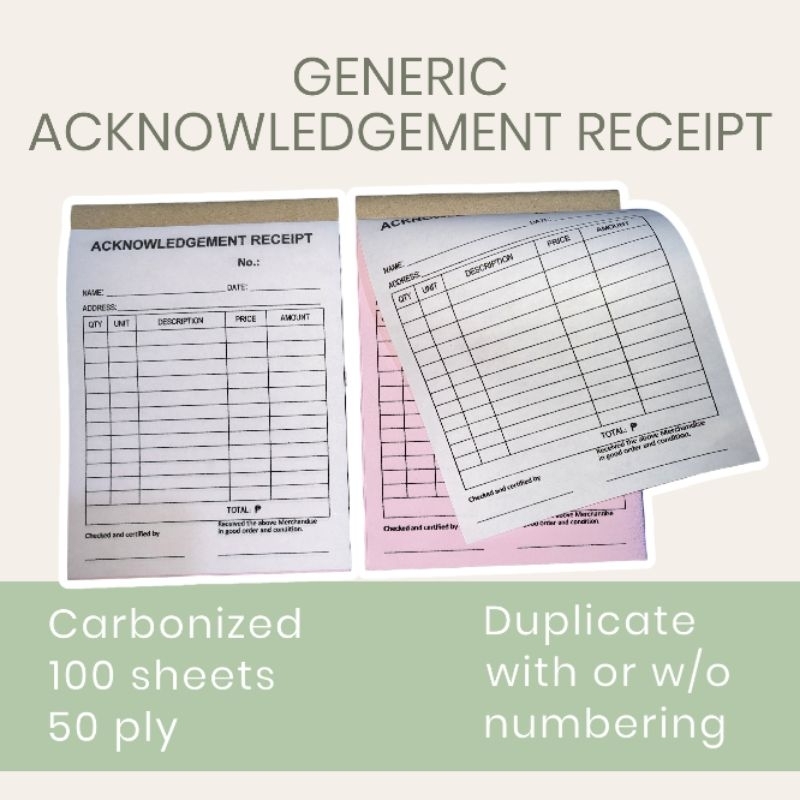 (GENERIC) SMALL ACKNOWLEDGEMENT RECEIPT - 4X5 - READY MADE CARBONIZED ...